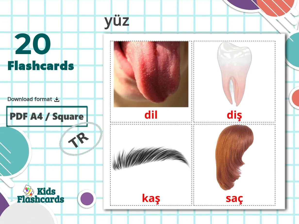 20 Printable Face Flashcards in Turkish (Free PDF)
