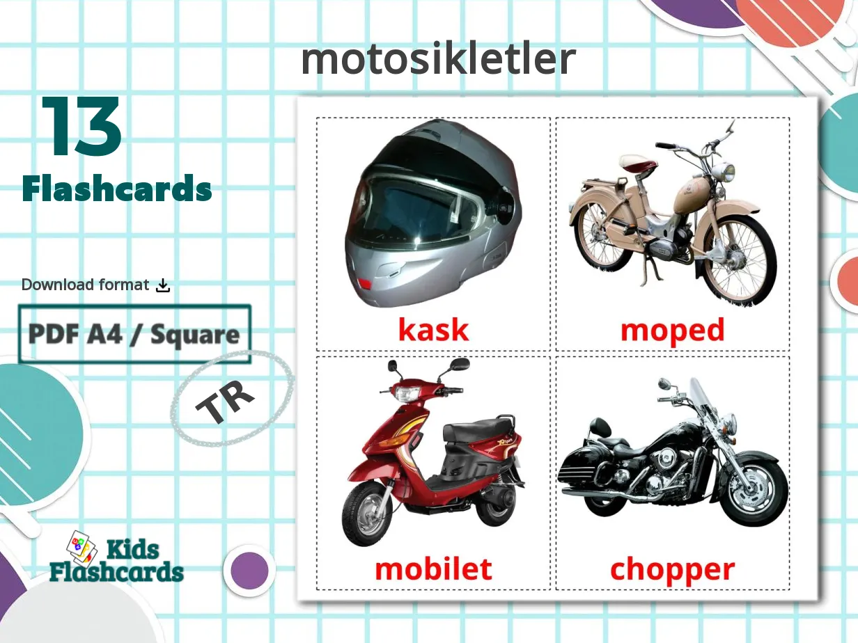 13 Printable Motorcycles Flashcards in Turkish (Free PDF)