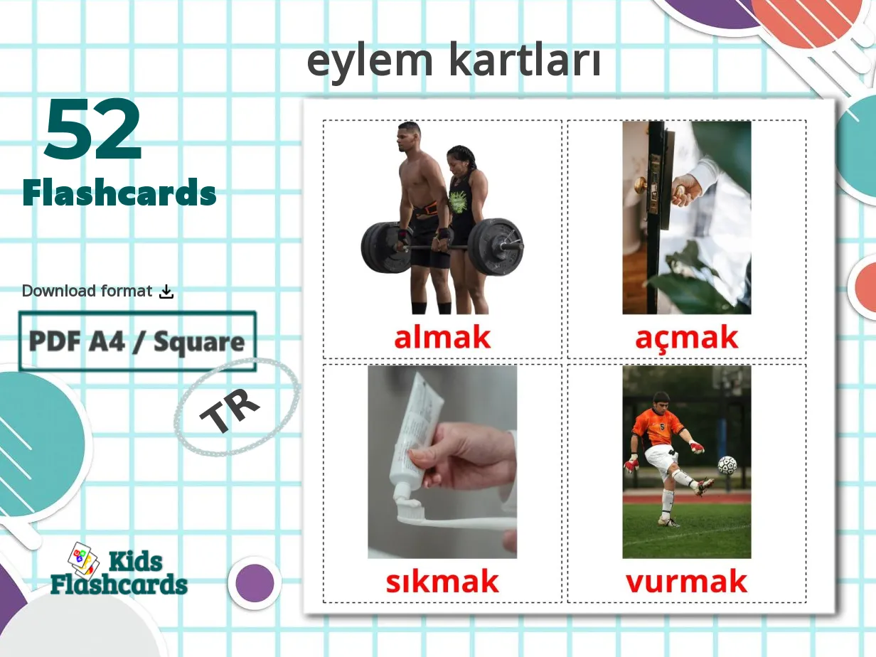 52 Printable Action verbs Flashcards in Turkish (Free PDF)