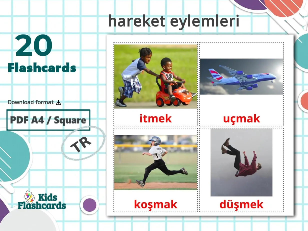 20 Printable Movement verbs Flashcards in Turkish (Free PDF)