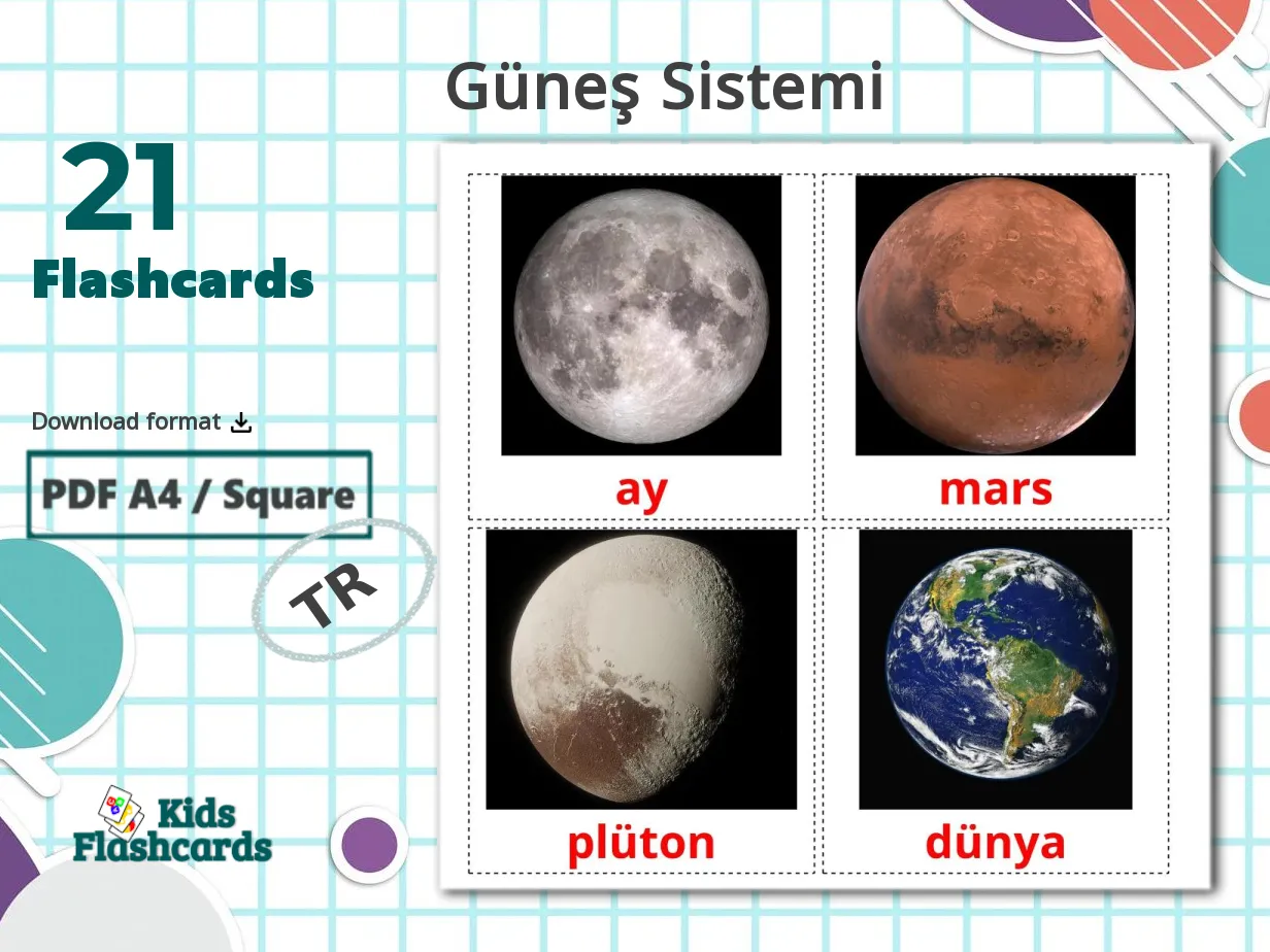 21 Printable Solar System Flashcards in Turkish (Free PDF)