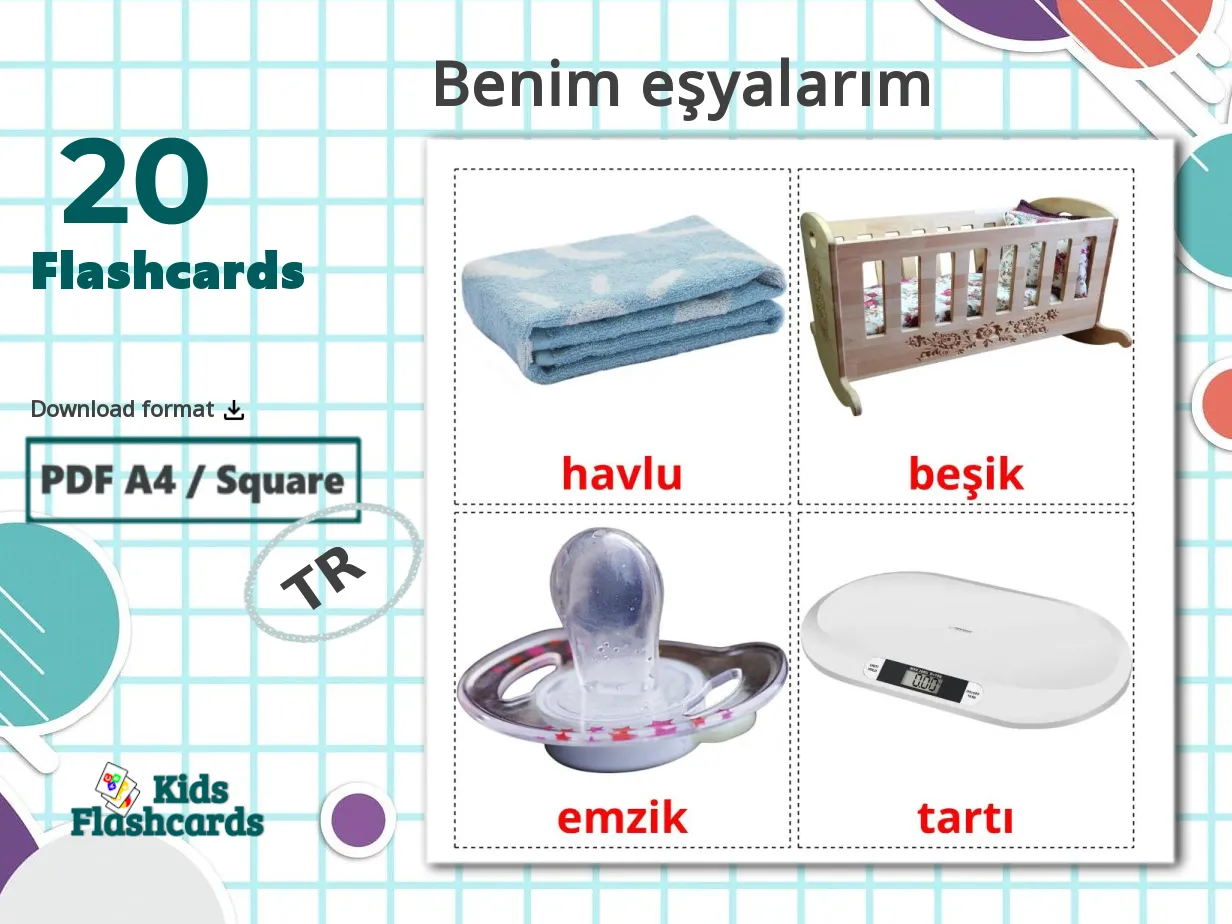 20 Printable Baby things Flashcards in Turkish (Free PDF)