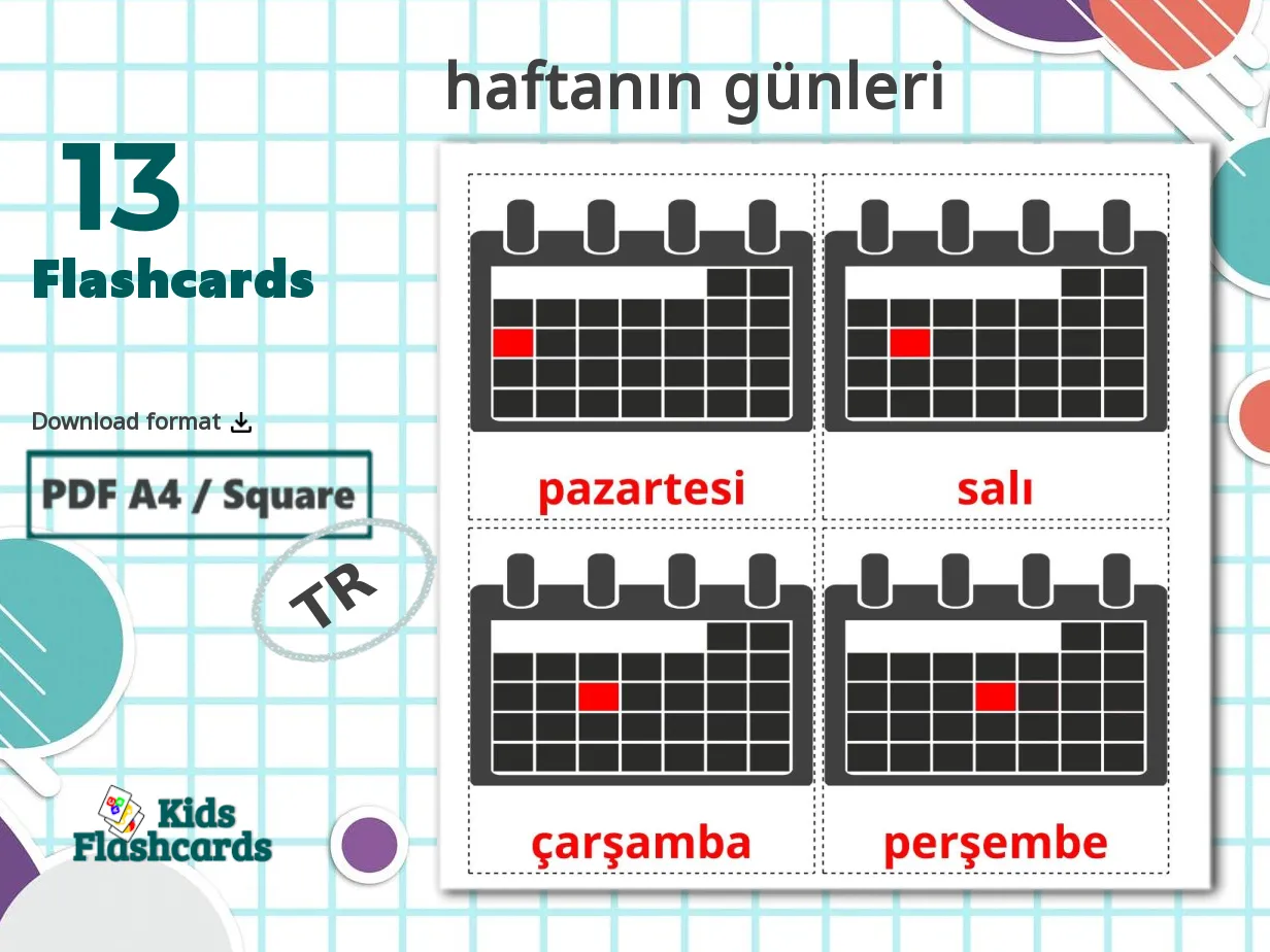 13 Printable Days of Week Flashcards in Turkish (Free PDF)