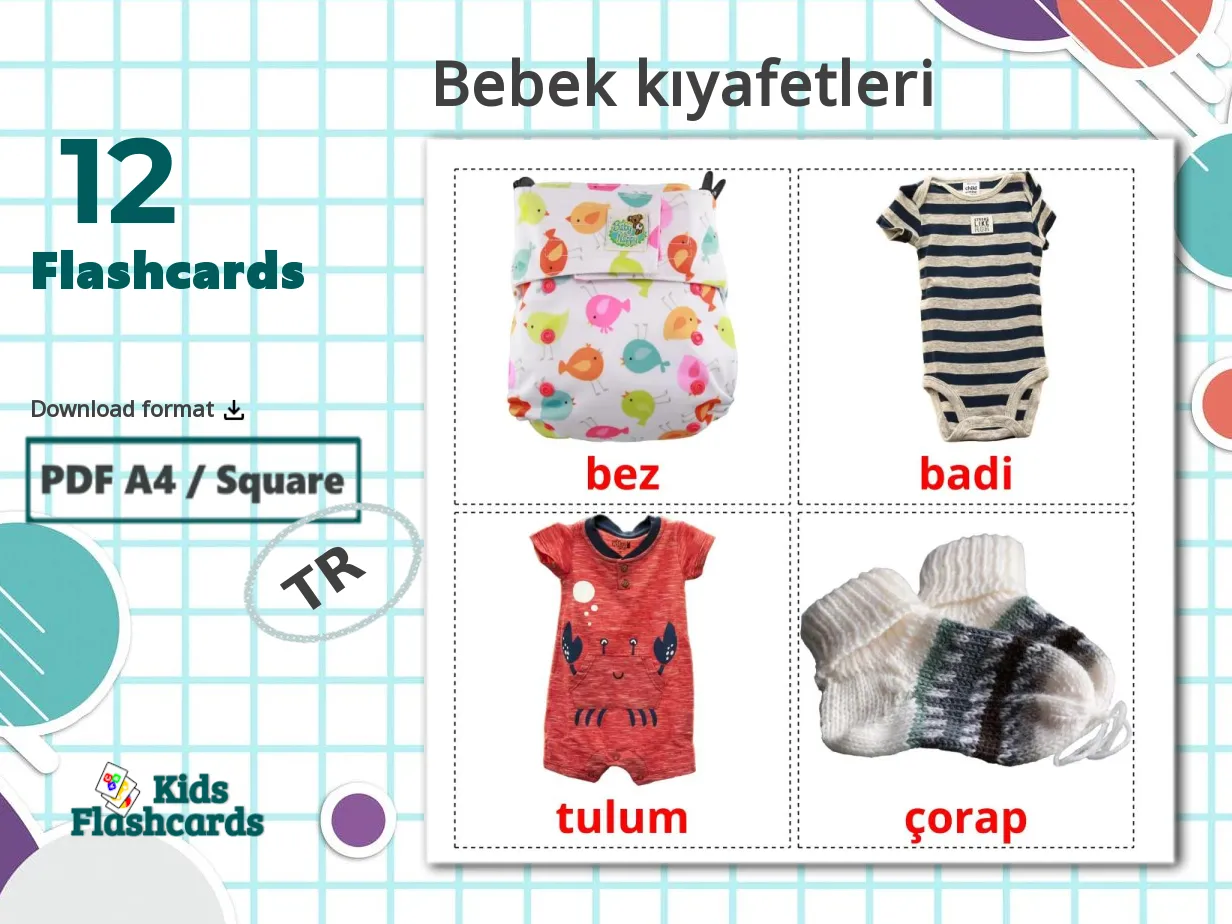 12 Printable Baby clothes Flashcards in Turkish (Free PDF)