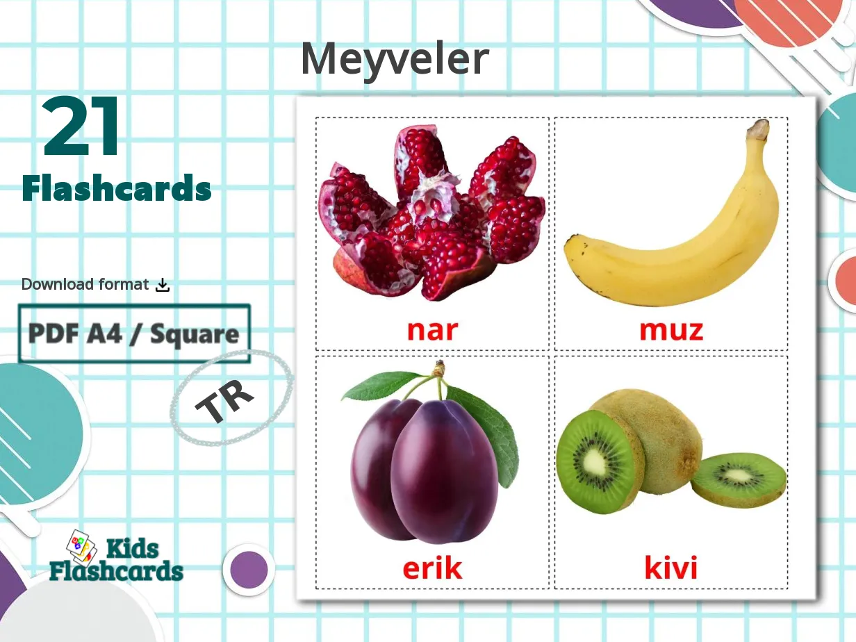 21 Printable Fruits Flashcards in Turkish (Free PDF)