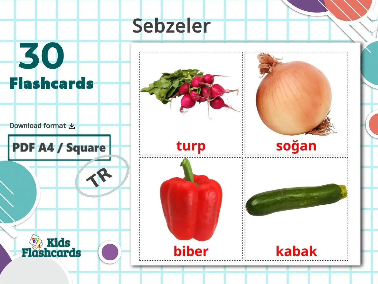 30 Printable Vegetables Flashcards in Turkish (Free PDF)