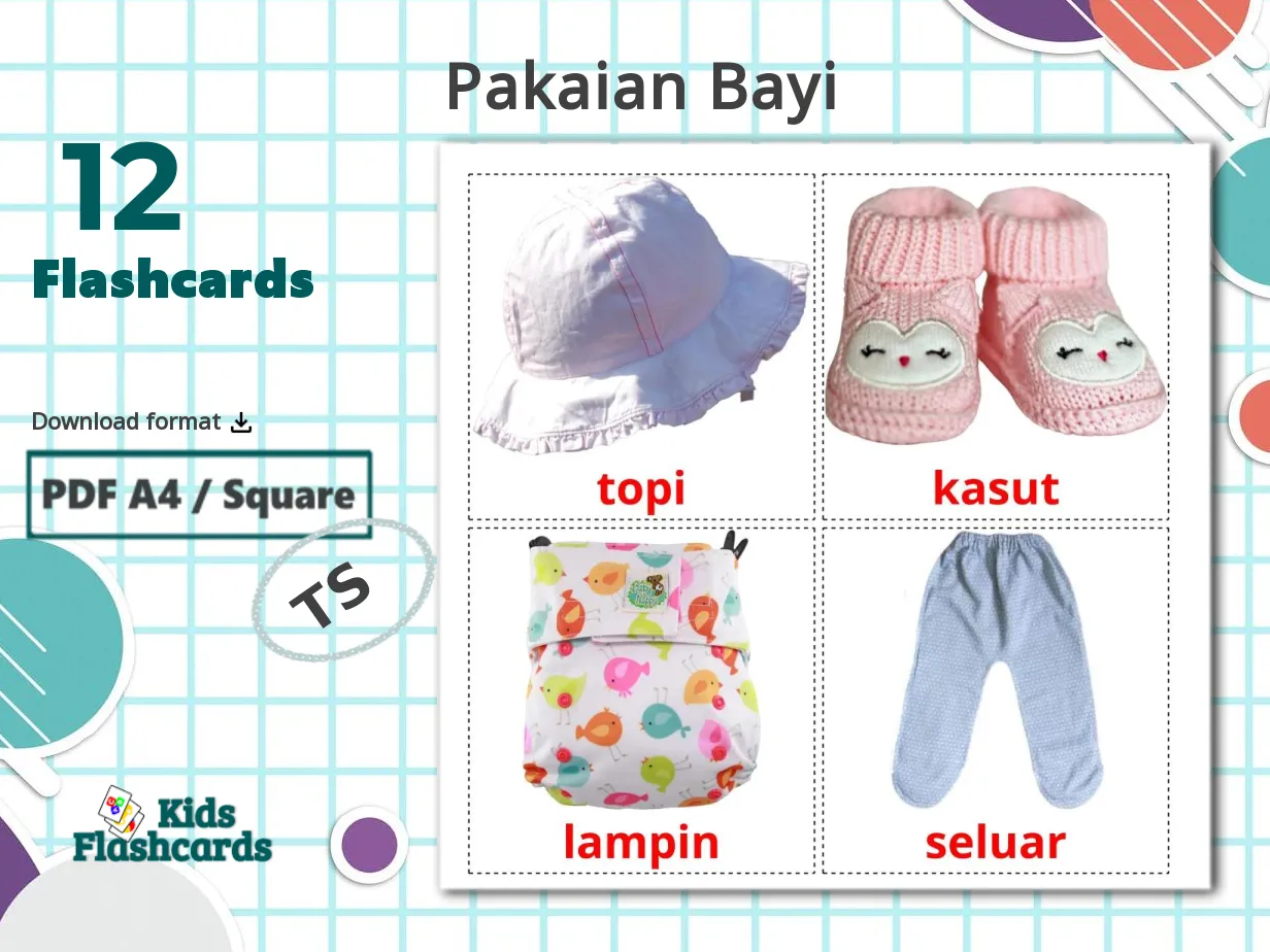 12 Printable Baby clothes Flashcards in Malay (Free PDF)