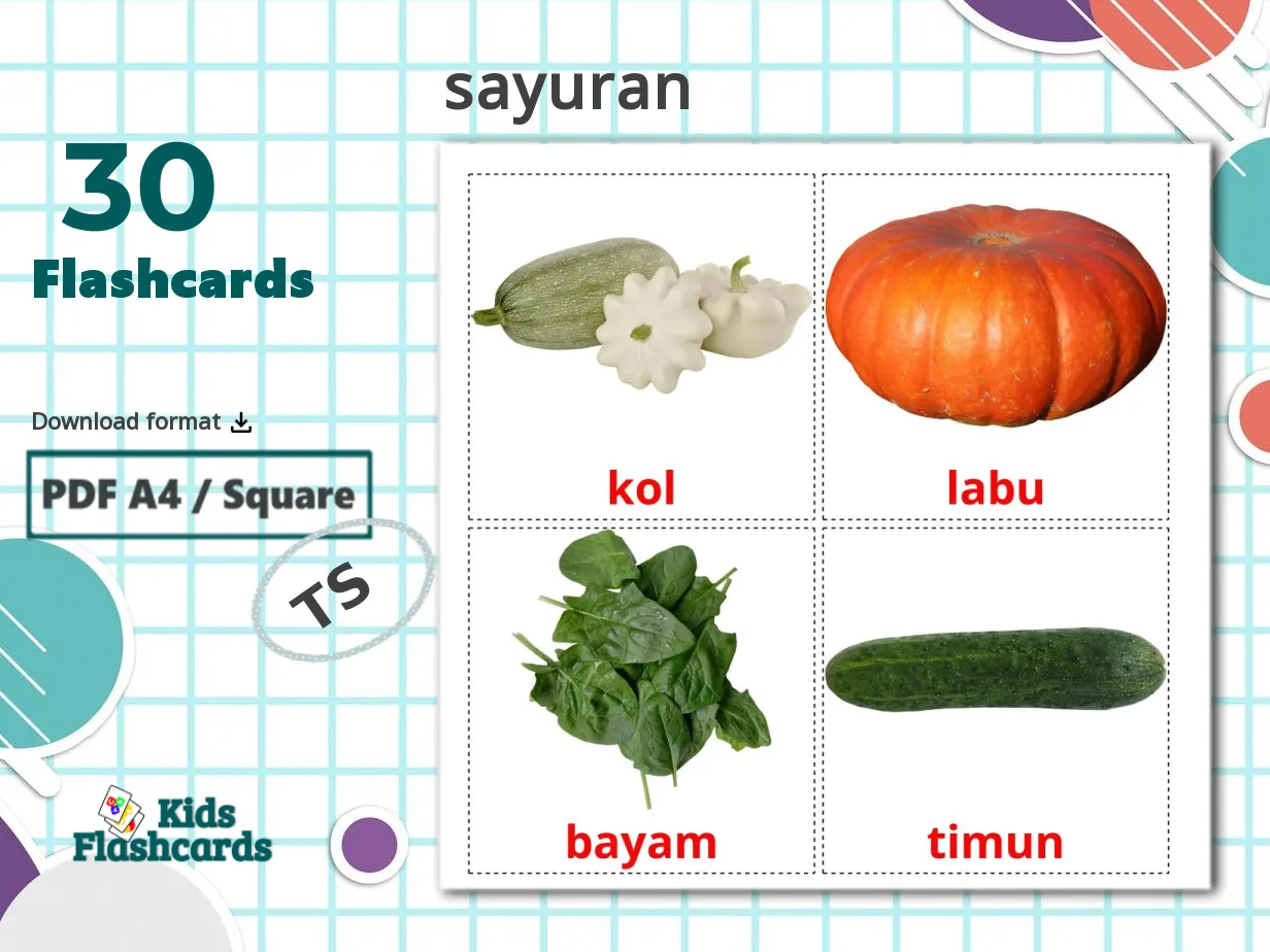 30 Printable Vegetables Flashcards in Malay (Free PDF)