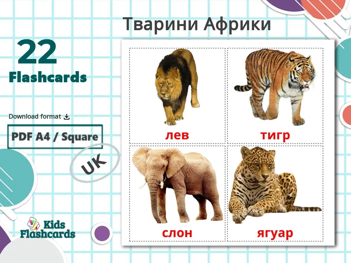 22 Printable Jungle animals Flashcards in Ukrainian (Free PDF)