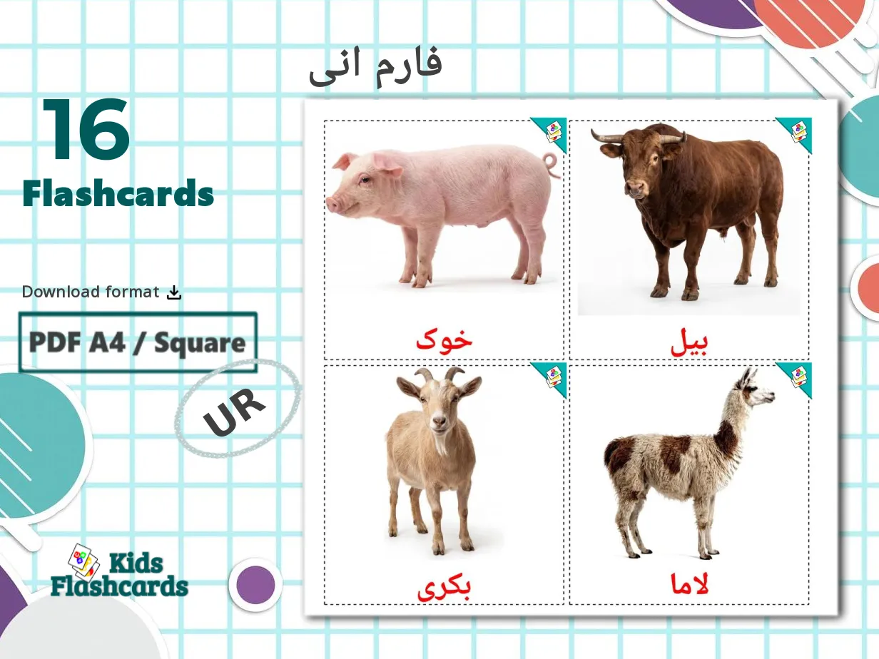 16 Printable Farm animals Flashcards in Urdu (Free PDF)