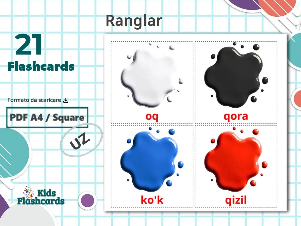 21 Flashcard GRATUITE sui Colori in 4 Formati PDF | Immagini in Uzbek