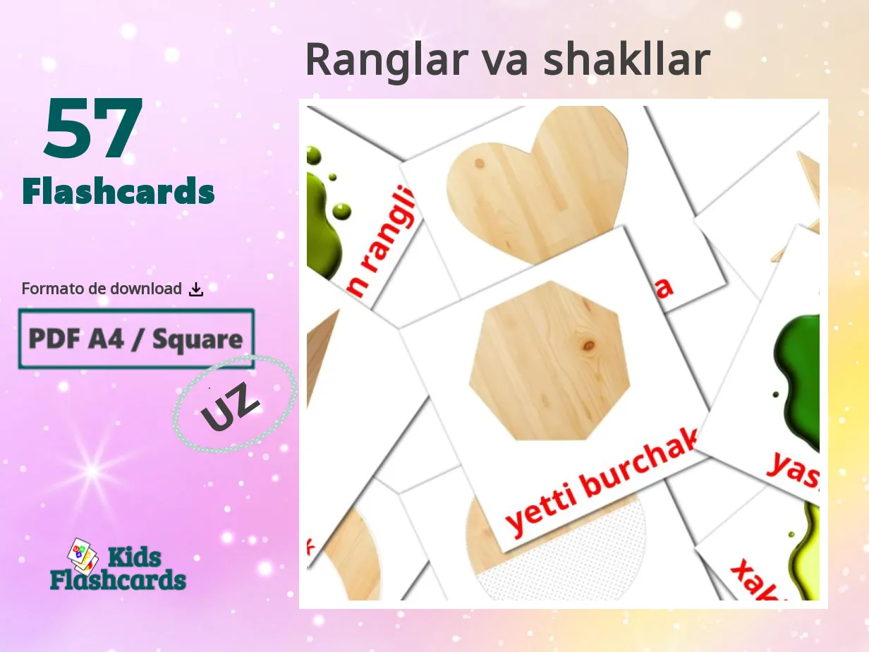 57 Flashcards de Cores e formas GRÁTIS em Uzbek | 4 PDFs imprimíveis