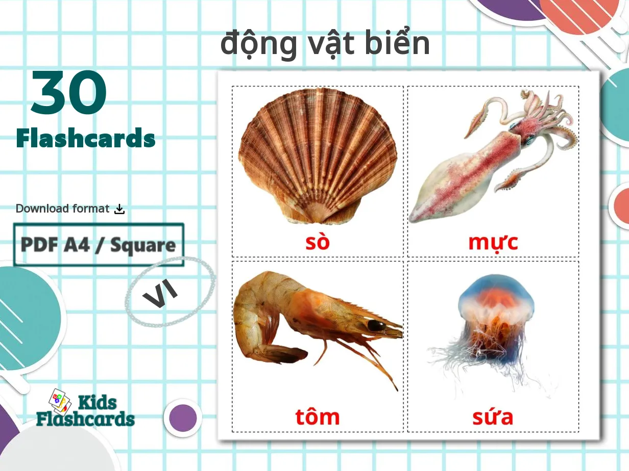 30 Printable Sea animals Flashcards in Vietnamese (Free PDF)