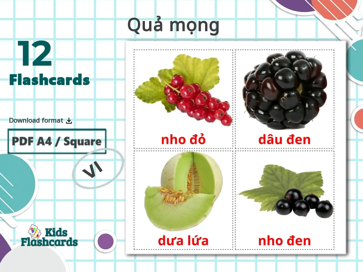12 Printable Berries Flashcards in Vietnamese (Free PDF)
