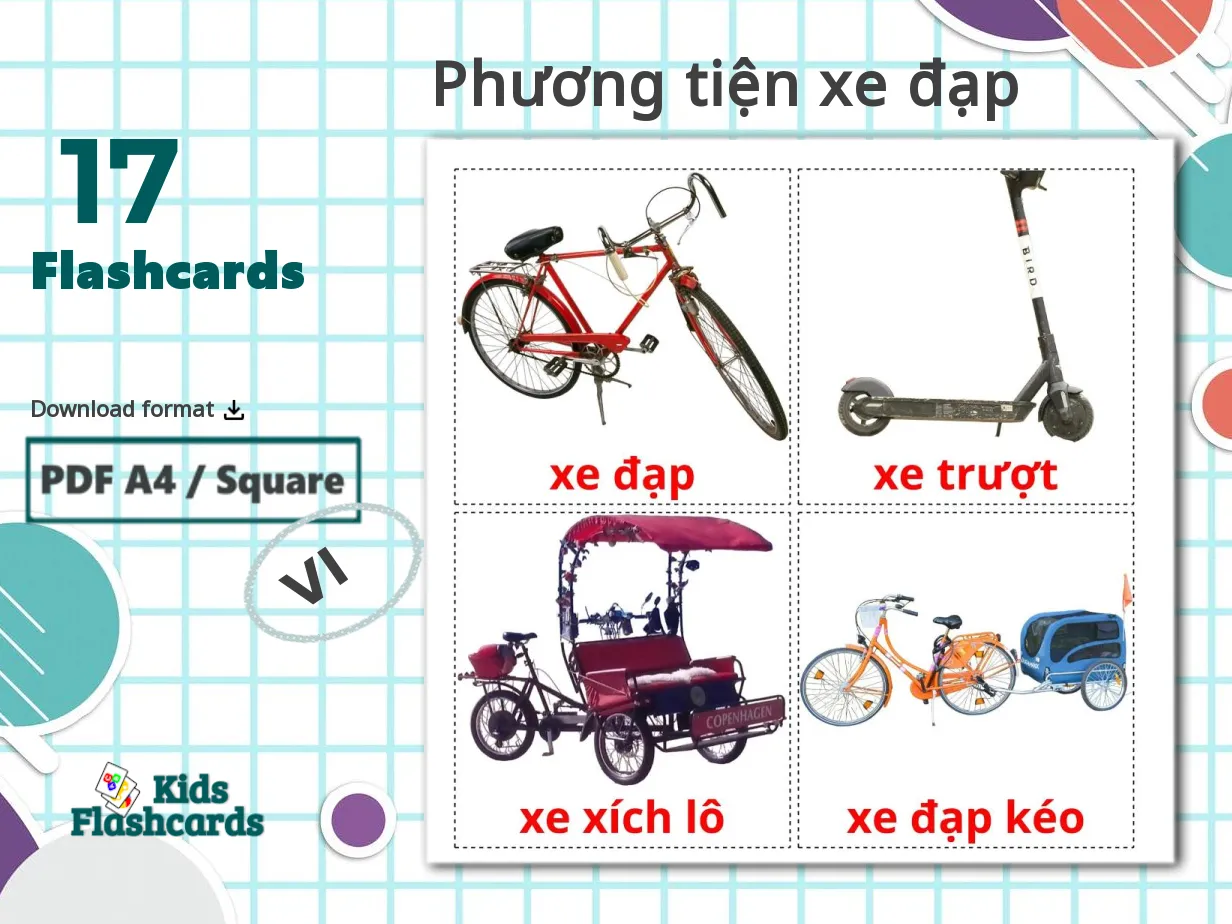 17 Printable Bicycle transport Flashcards in Vietnamese (Free PDF)
