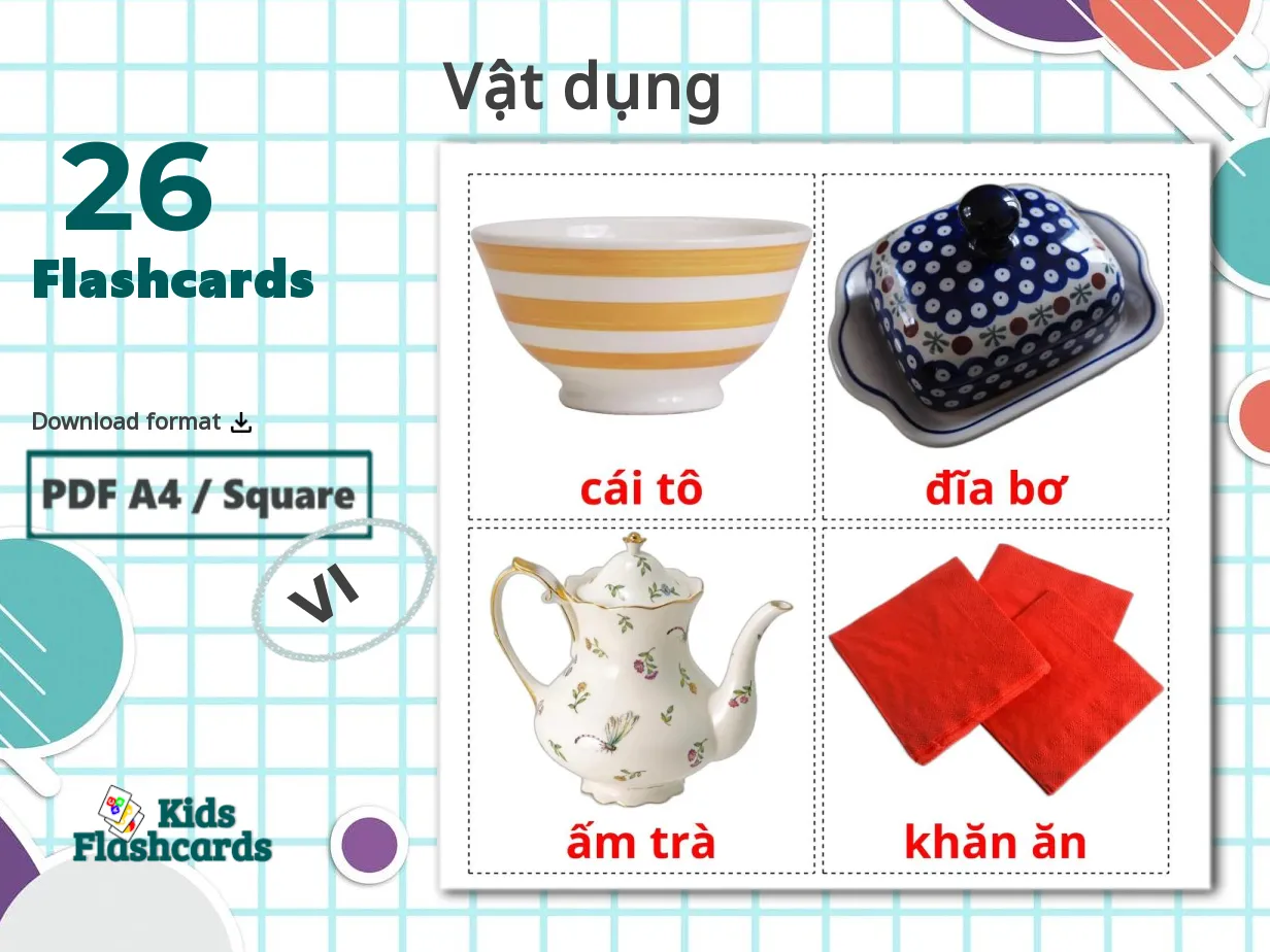 26 Printable Crockery and cutlery Flashcards in Vietnamese (Free PDF)