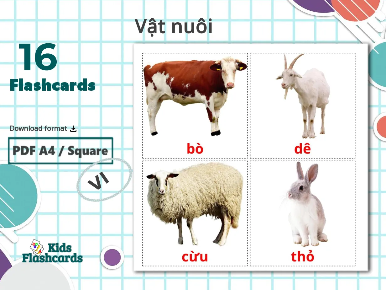 16 Printable Farm animals Flashcards in Vietnamese (Free PDF)