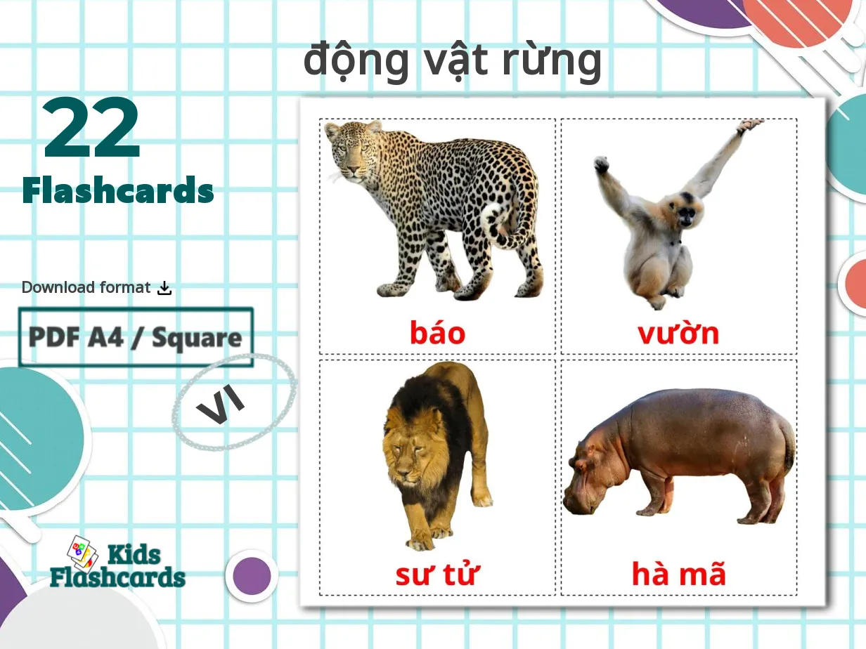 22 Printable Jungle animals Flashcards in Vietnamese (Free PDF)