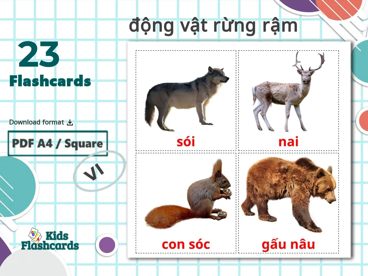 23 Printable Forest animals Flashcards in Vietnamese (Free PDF)