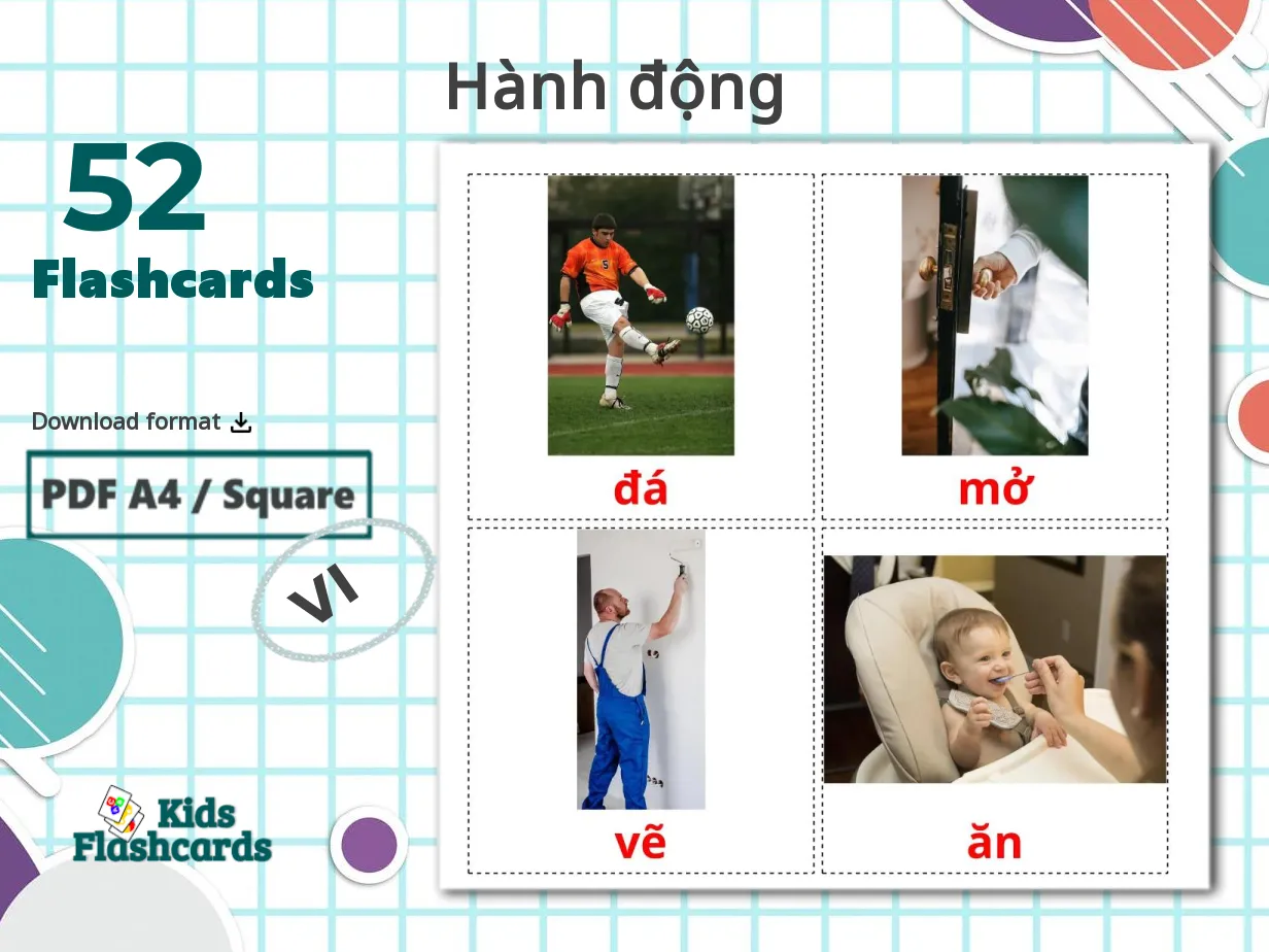 52 Printable Action verbs Flashcards in Vietnamese (Free PDF)