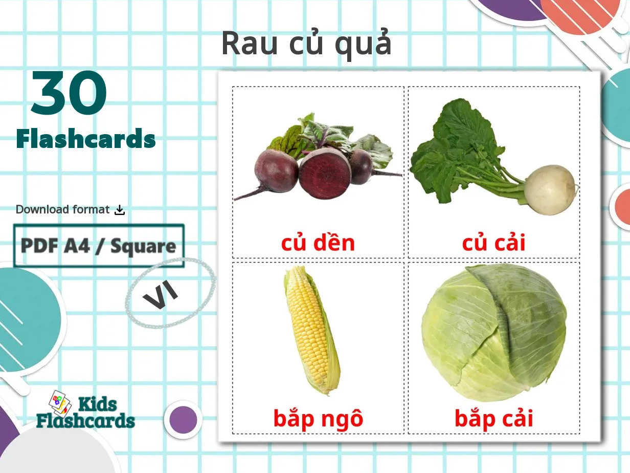 30 Printable Vegetables Flashcards in Vietnamese (Free PDF)