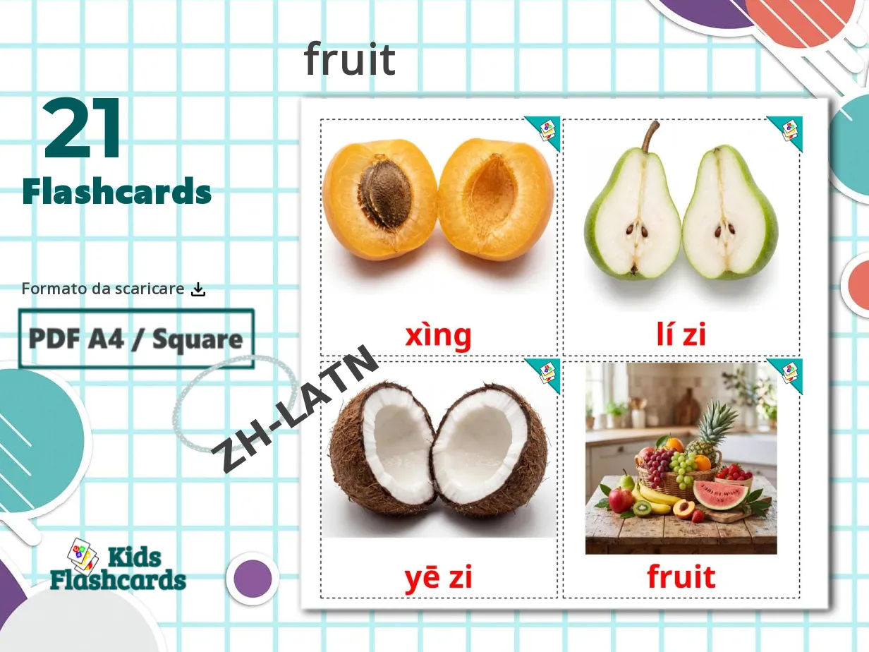 21 Flashcard GRATUITE sui Frutta in 4 Formati PDF | Immagini in Pinyin