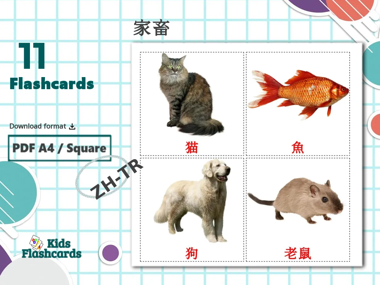 11 Printable Domestic animals Flashcards in Chinese(Traditional) (Free PDF)