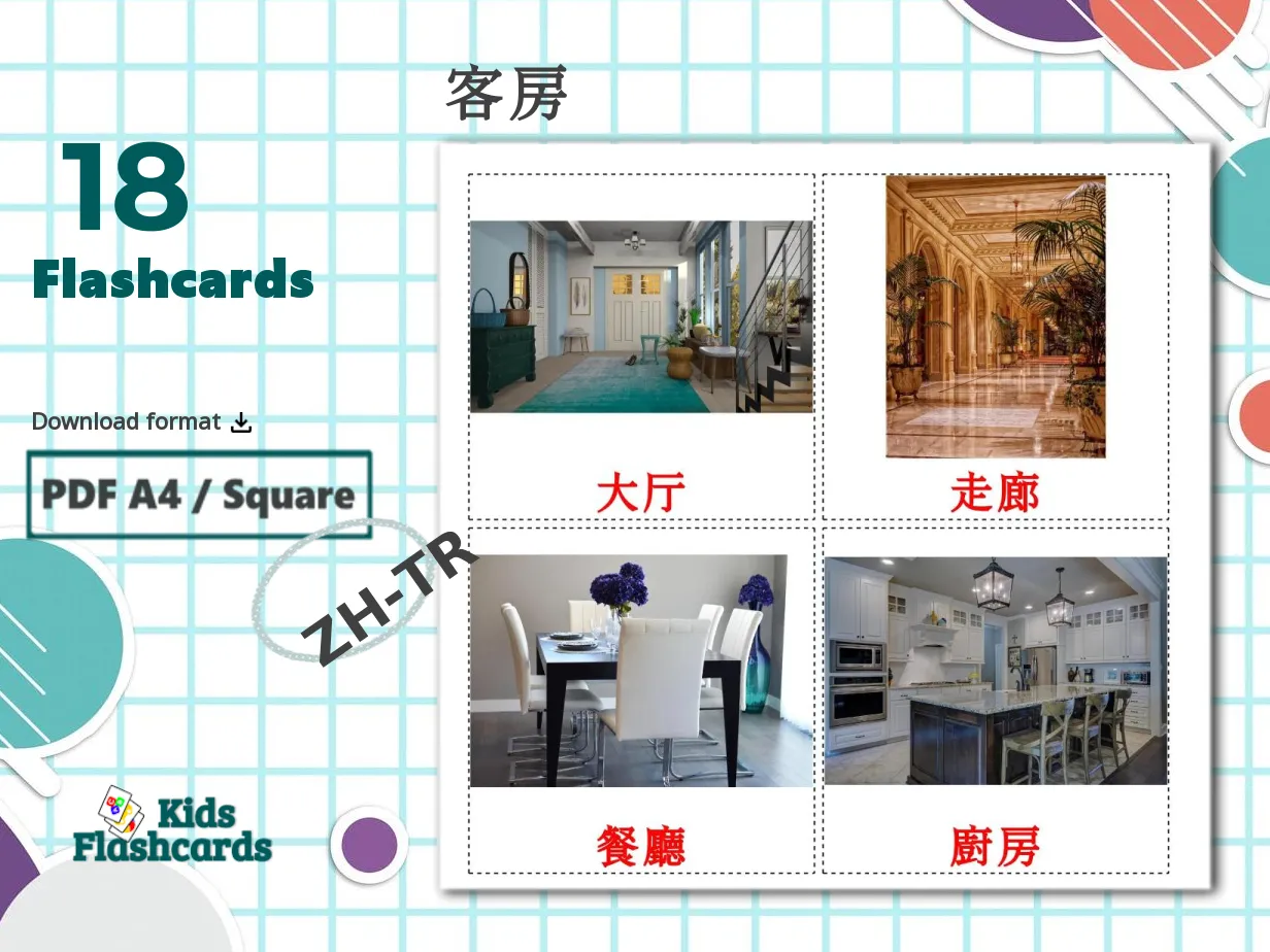18 Printable Rooms Flashcards in Chinese(Traditional) (Free PDF)