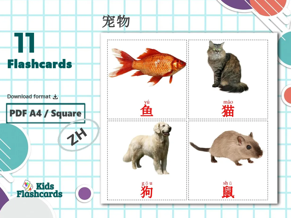 11 Printable Domestic animals Flashcards in Chinese(Simplified) (Free PDF)