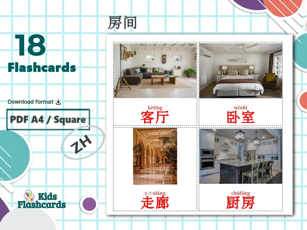 18 Printable Rooms Flashcards in Chinese(Simplified) (Free PDF)