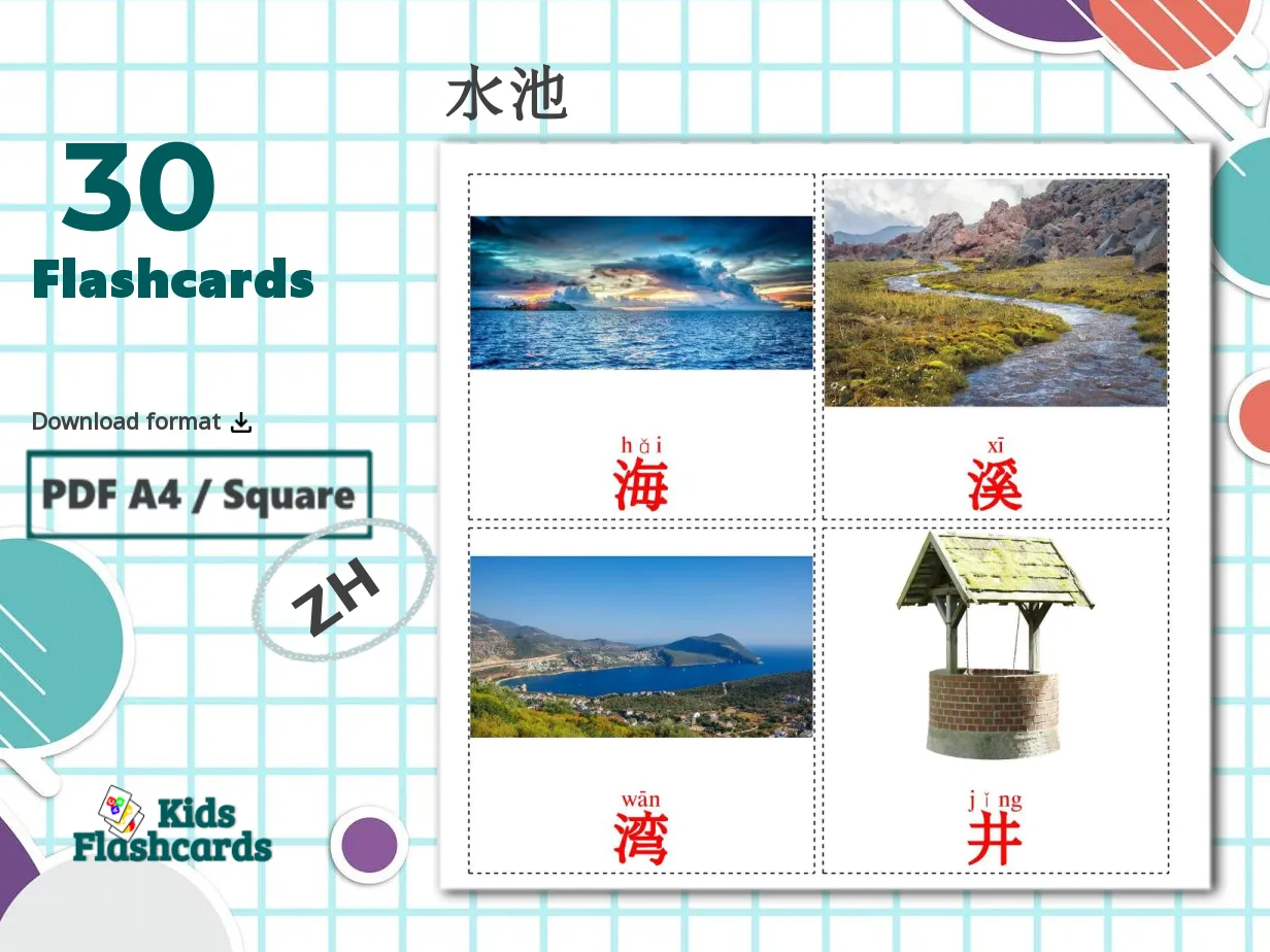 30 Printable Bodies of Water Flashcards in Chinese(Simplified) (Free PDF)