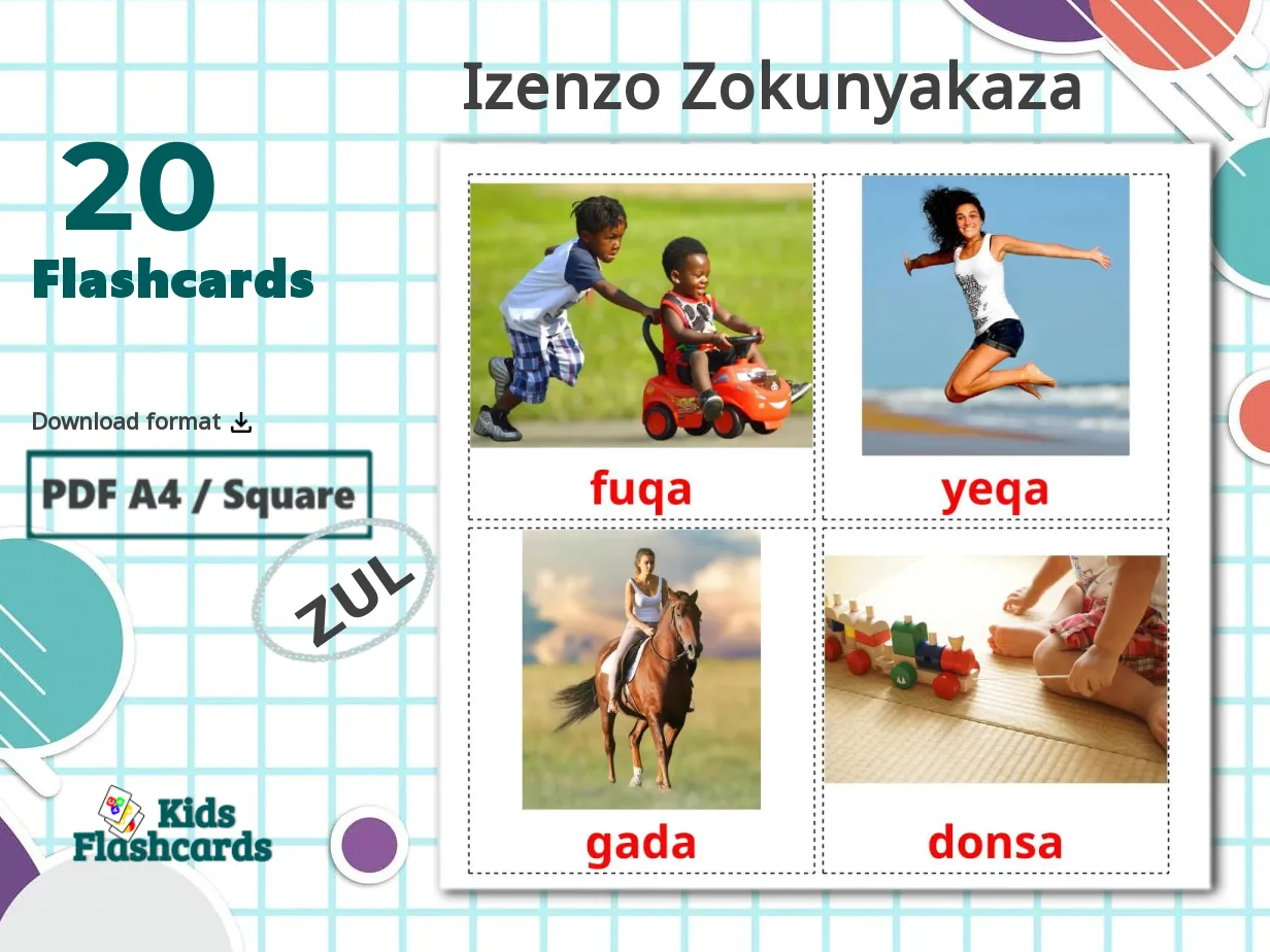 20 Printable Movement verbs Flashcards in Zulu (Free PDF)