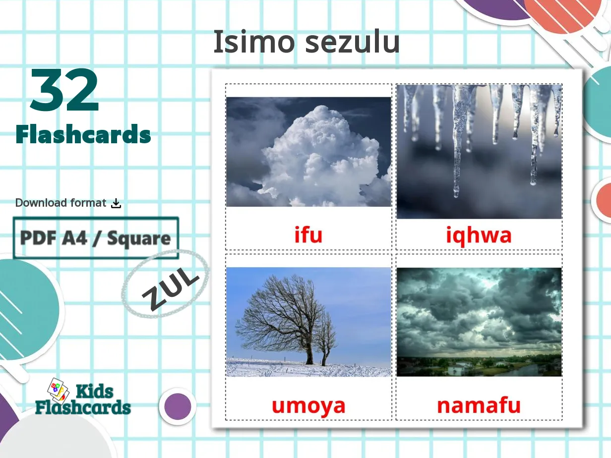 32 Printable Weather Flashcards in Zulu (Free PDF)